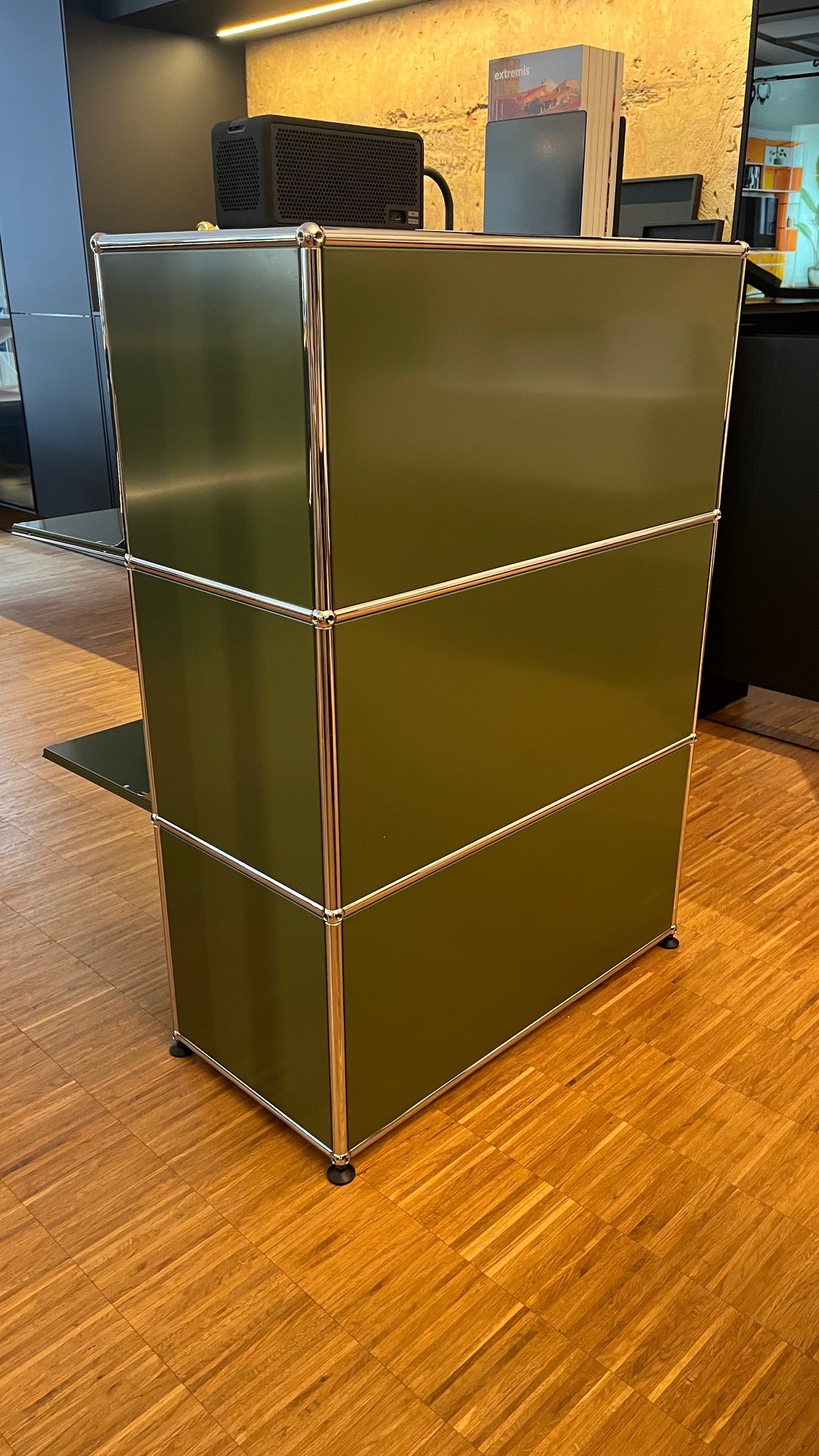 USM Haller Regal 2 Klapptüren unten offenes Fach olivgrün RAL 6003 ...